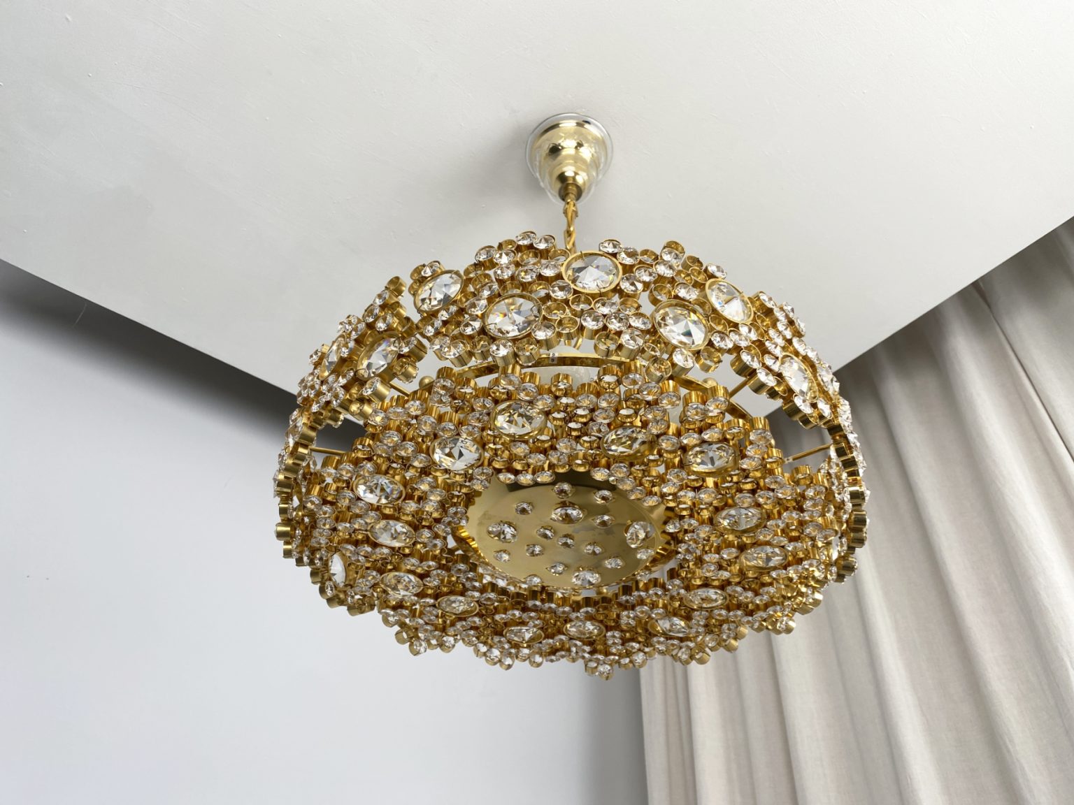 Chandelier in gilded Brass and Crystal Glass by Palwa, Austria